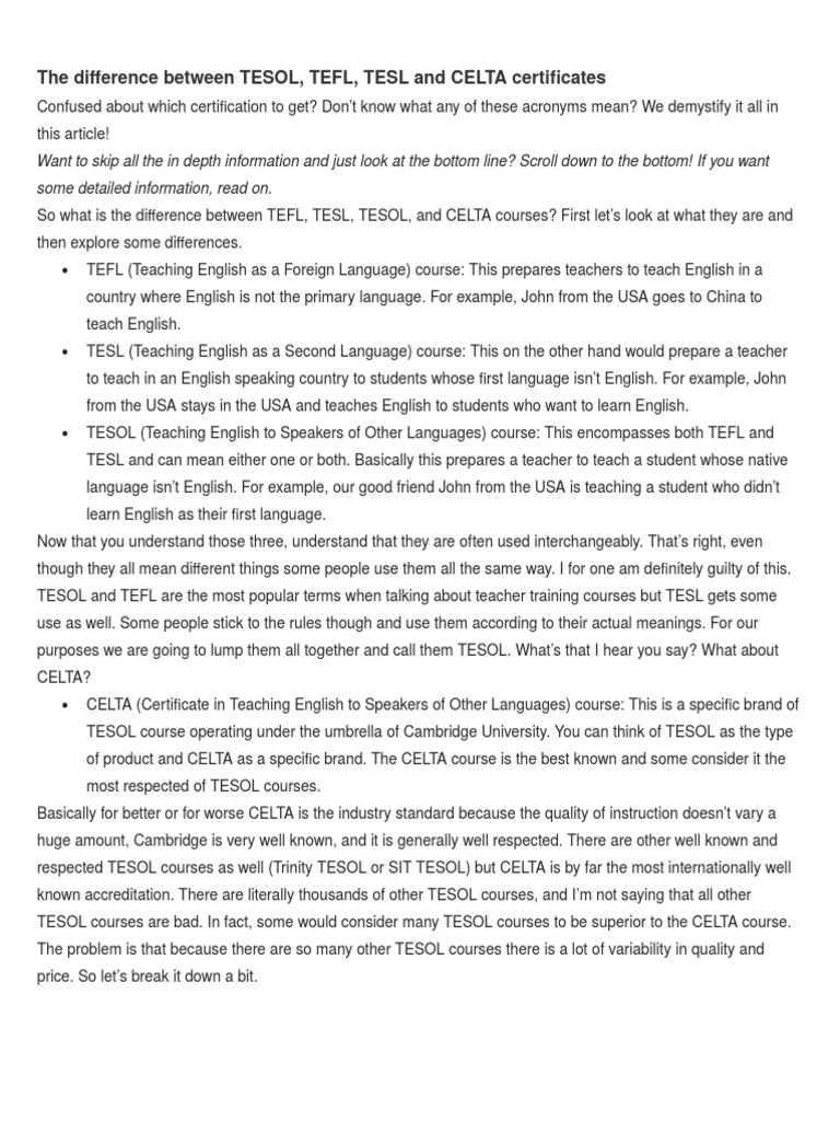 TESOL, TEFL, TESL, CELTA Explained | PDF | Teaching English As A ...