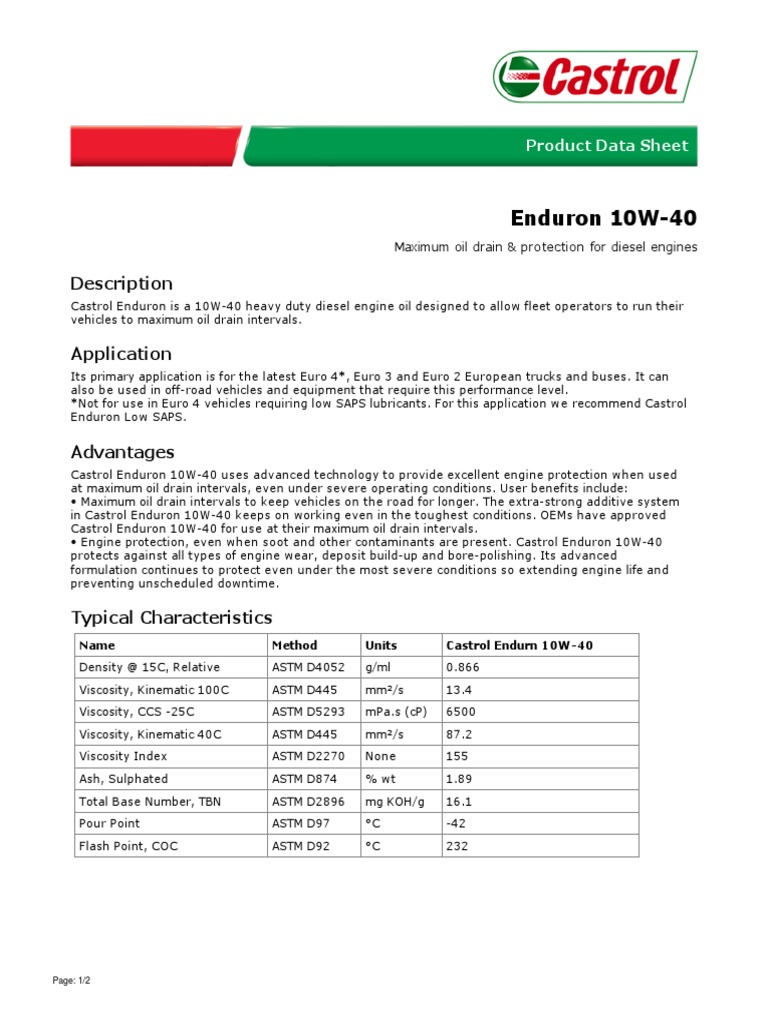 Castrol Enduron 10W-40 | PDF | Motor Oil
