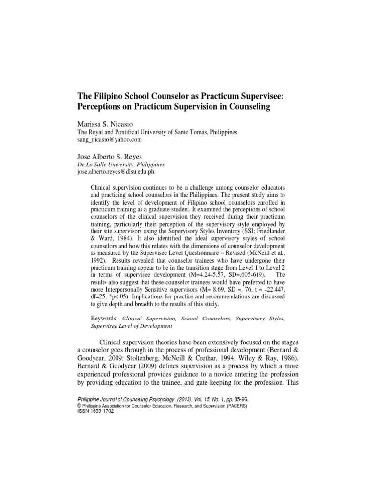 The Filipino School Counselor As Practicum Supervisee - Perceptions On ...