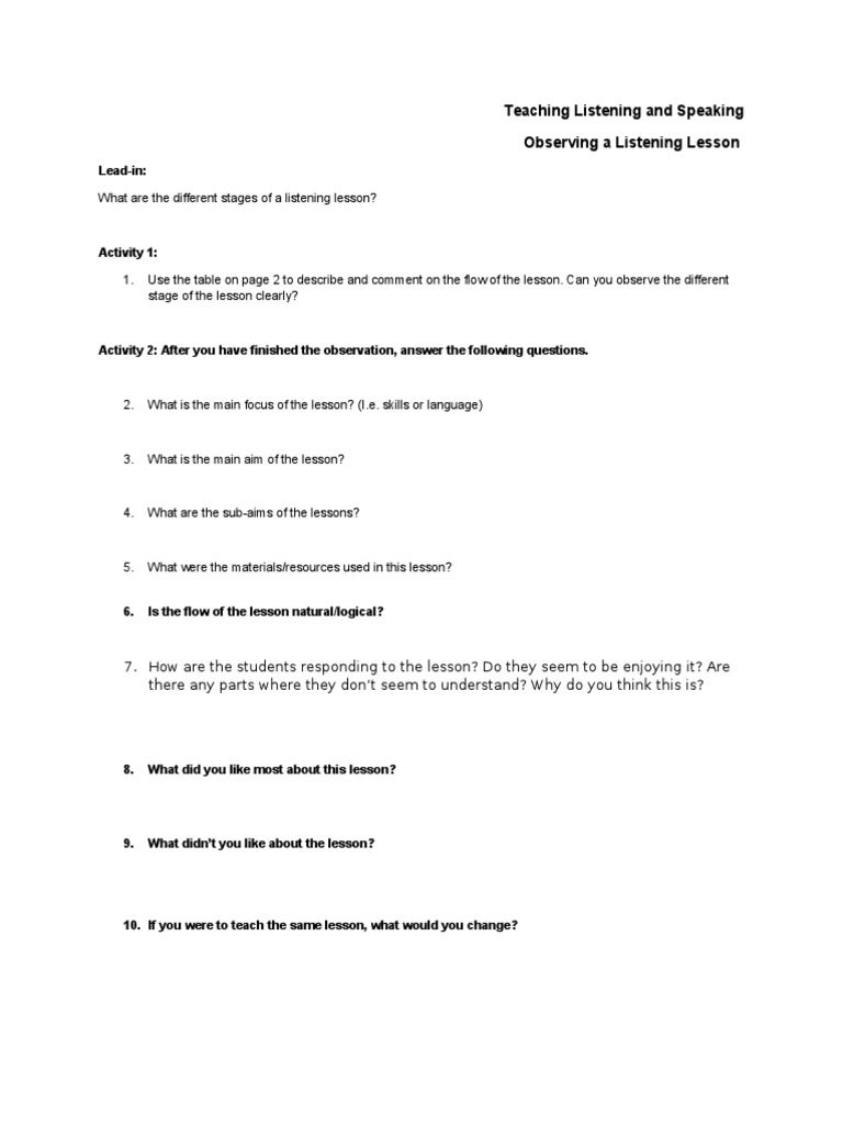 Teaching Listening and Speaking Observing A Listening Lesson | PDF