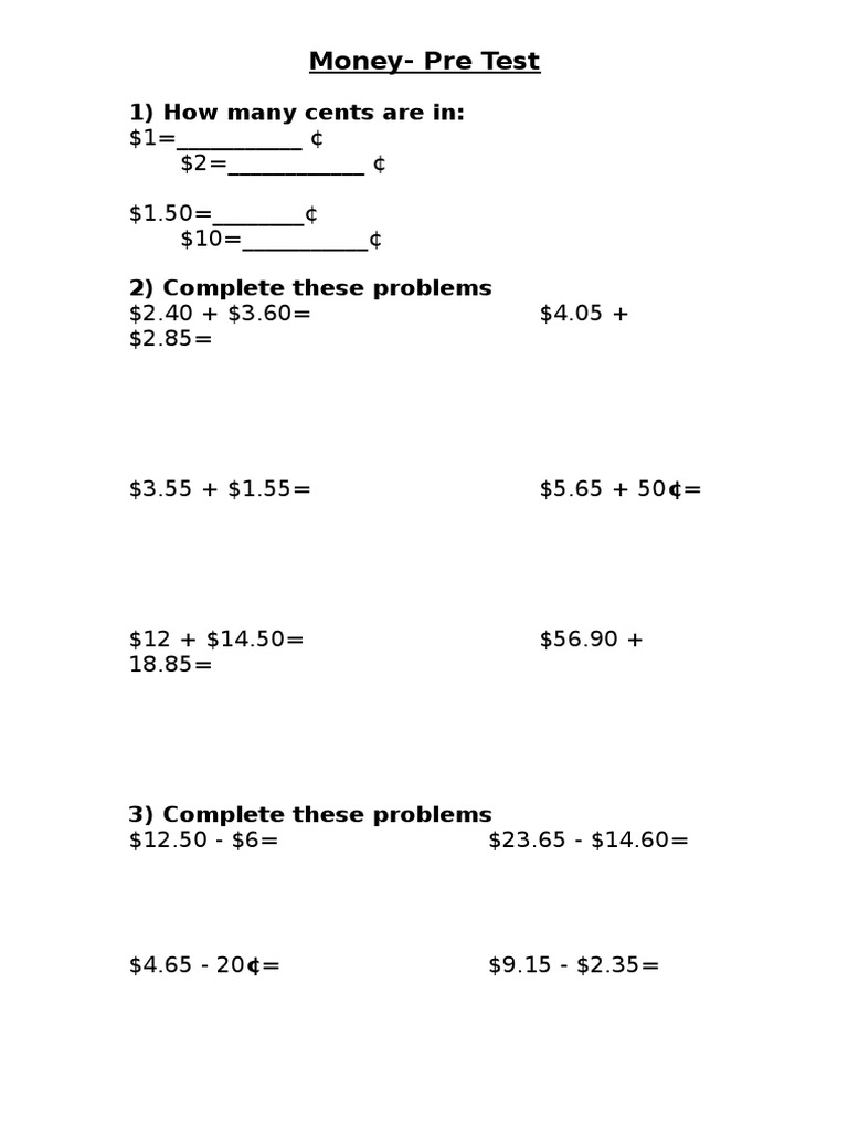 Money - Pre-Test | PDF