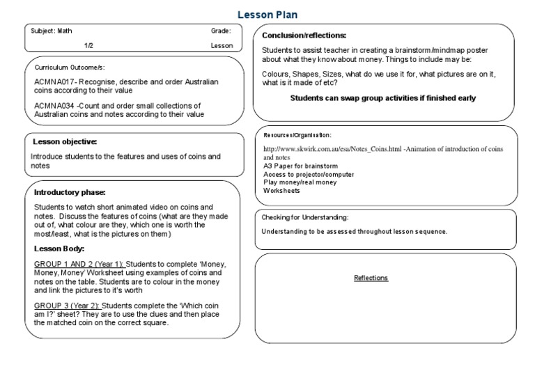 Lesson Plan - Coins and Notes 1 and 2 | PDF