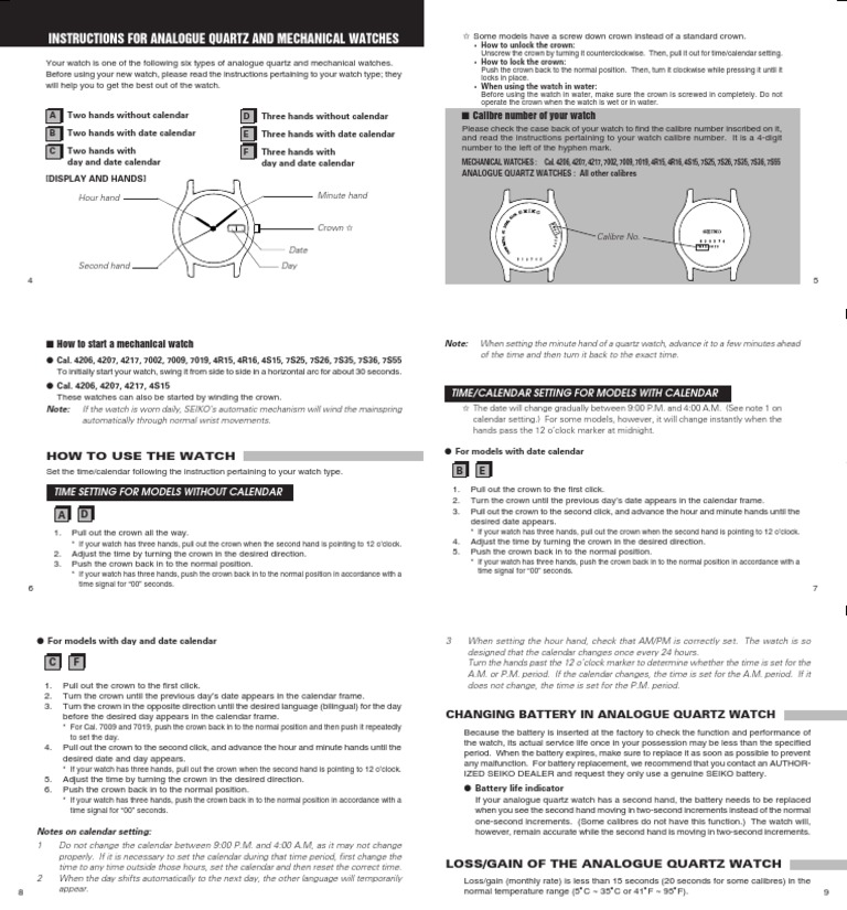 Instructions For Analogue Quartz and Mechanical Watches: Calibre Number ...