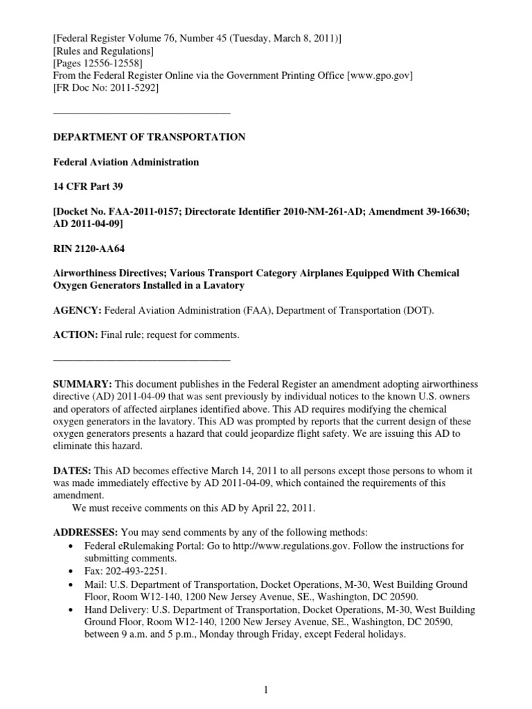 Modification of Chemical Oxygen Generators in Transport Airplane ...