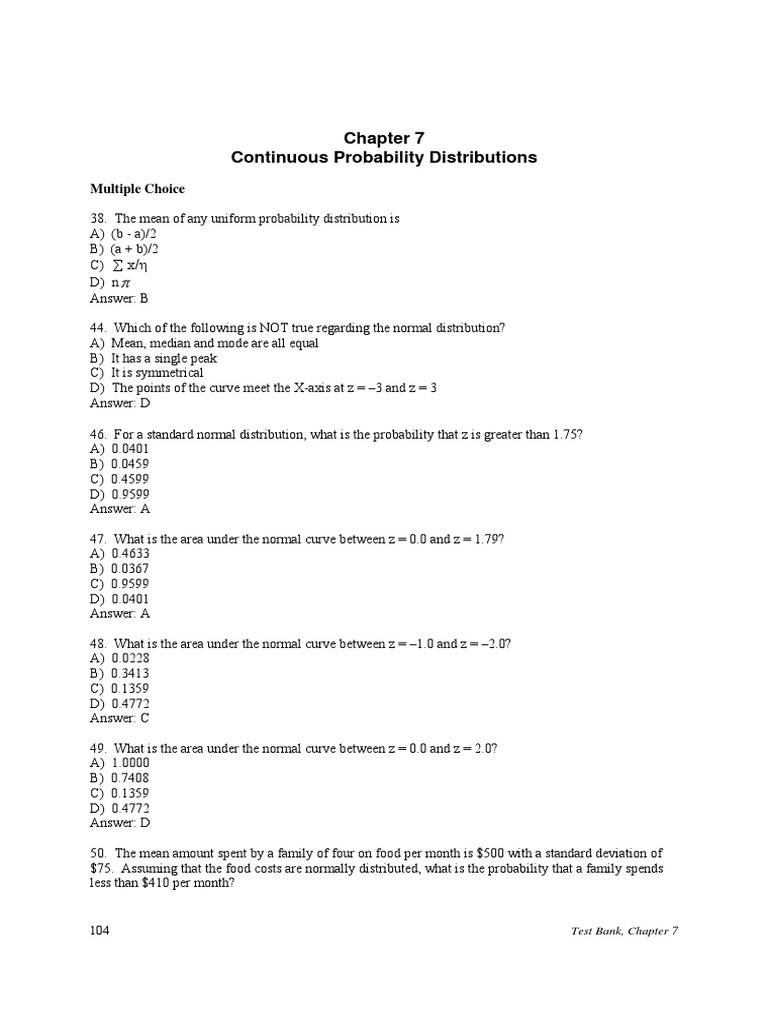 Ch7 Continuous Probability Distributions Testbank Handout | PDF