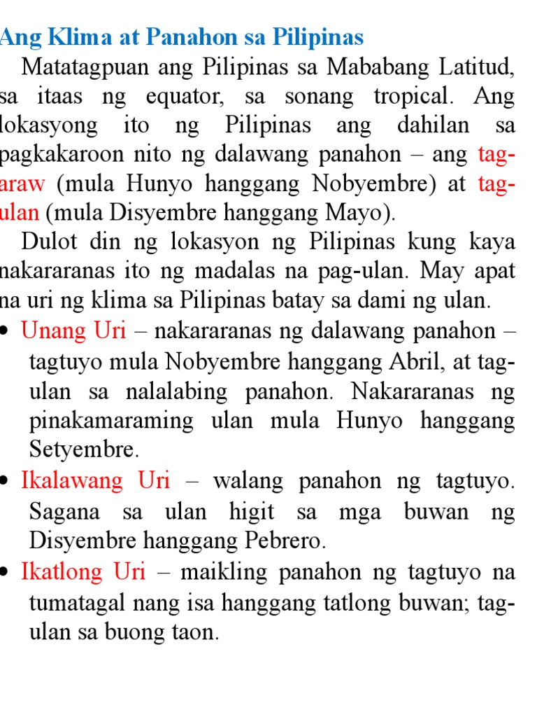 Apat Na Uri NG Klima Sa Pilipinas Batay Sa Dami NG Ulan | PDF
