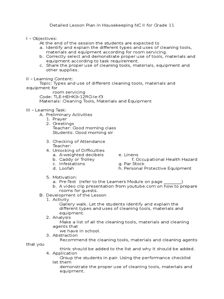 Semi Detailed Lesson Plan in Housekeeping