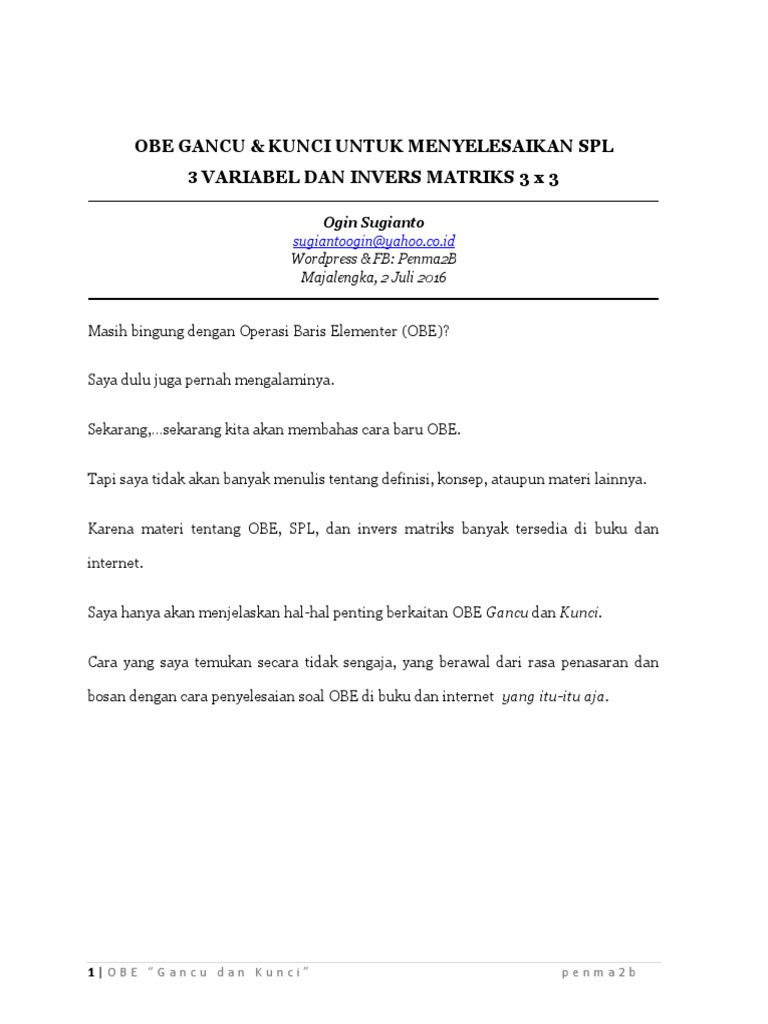 Invers Matriks 3x3 Dan SPL 3 Variabel Metode OBE Gancu Dan Kunci | PDF