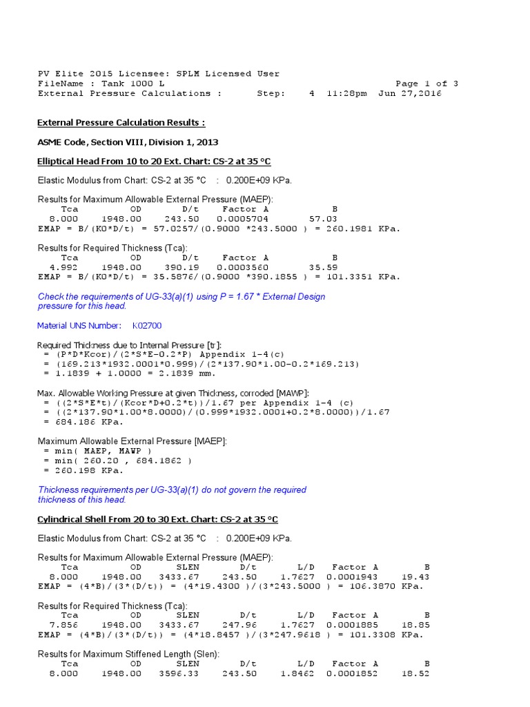 External Pressure Calculation Results: ASME Code, Section VIII ...