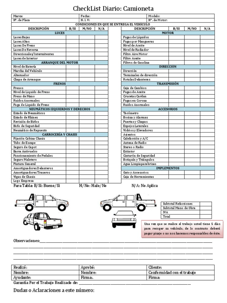CheckList de Camioneta para Taller Mecánico | PDF