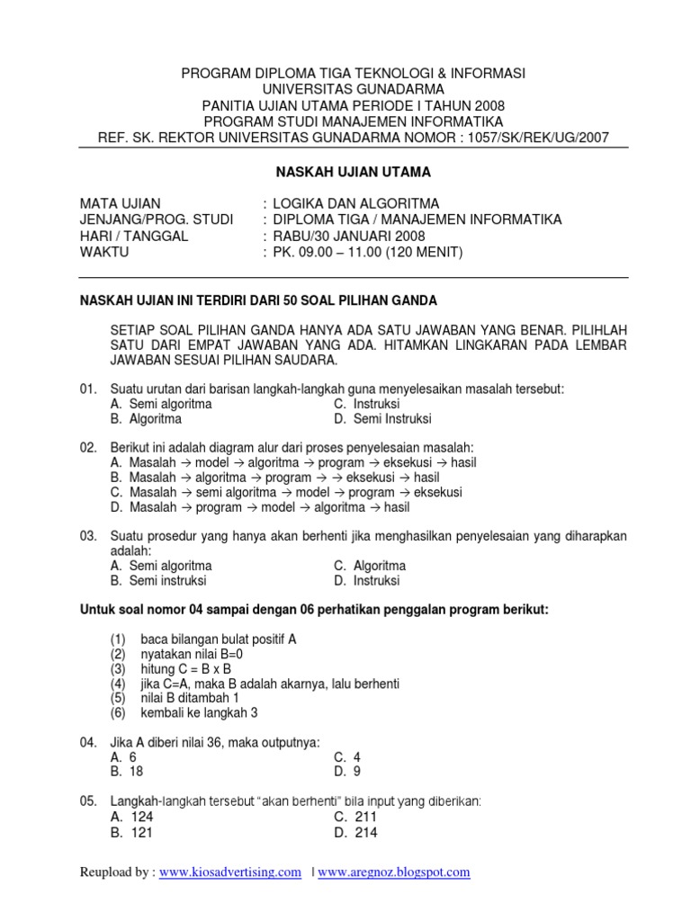 Soal Ujian Utama Algoritma Pemrograman Manajemen Informatika d3 | PDF | Metode & Bahan Ajar
