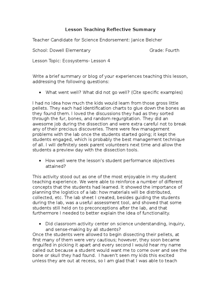 Lesson Teaching Reflective Summary | PDF | Educational Psychology ...