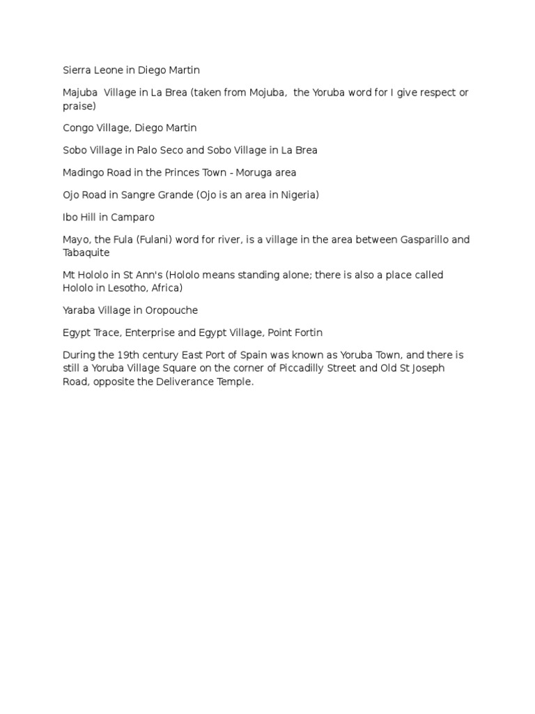 African Place Names in Trinidad | PDF | Nigeria | Multiracial Affairs