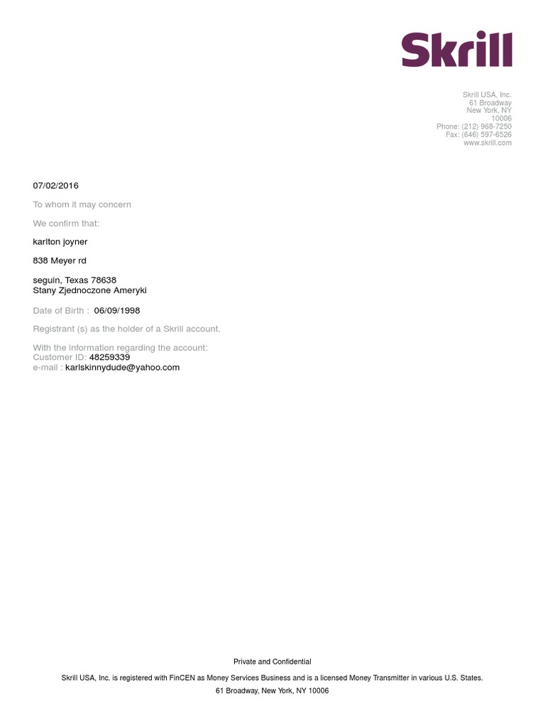 Identity Statement Skrill PDF | PDF