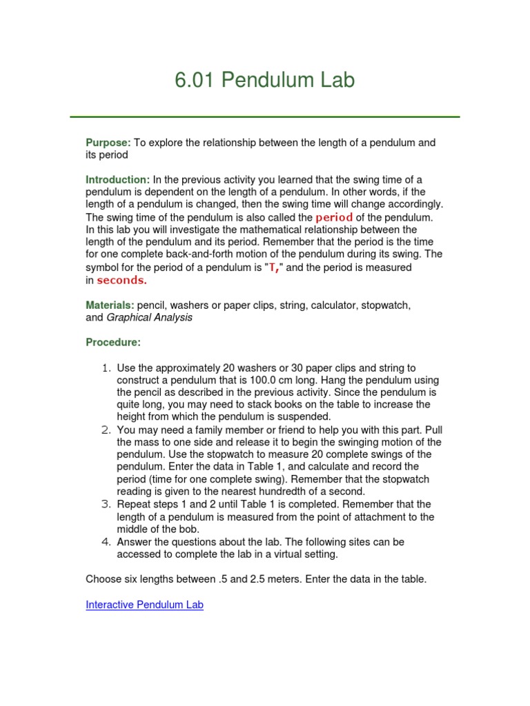 6 01 Pendulum Lab Purpose Pdf Pendulum Cartesian Coordinate System