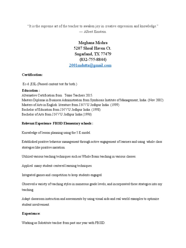 Resume Meghana M | PDF | Teachers | Pedagogy