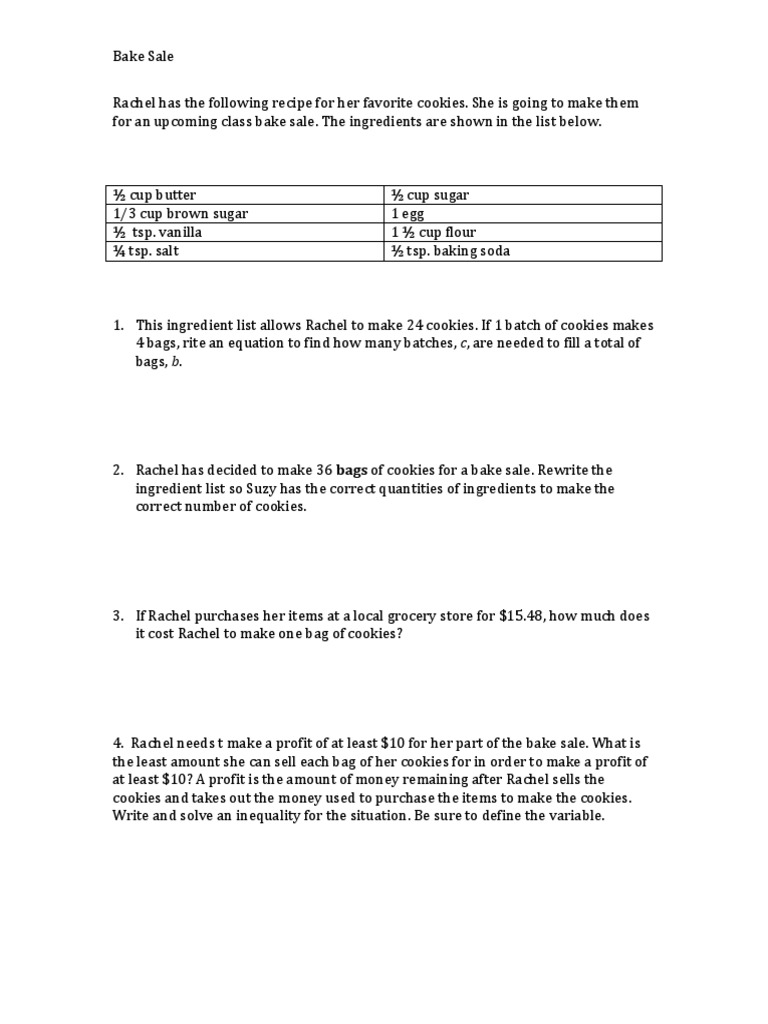 Math Task Equations Bake Sale Ec5 | PDF | Foods | Teaching Mathematics