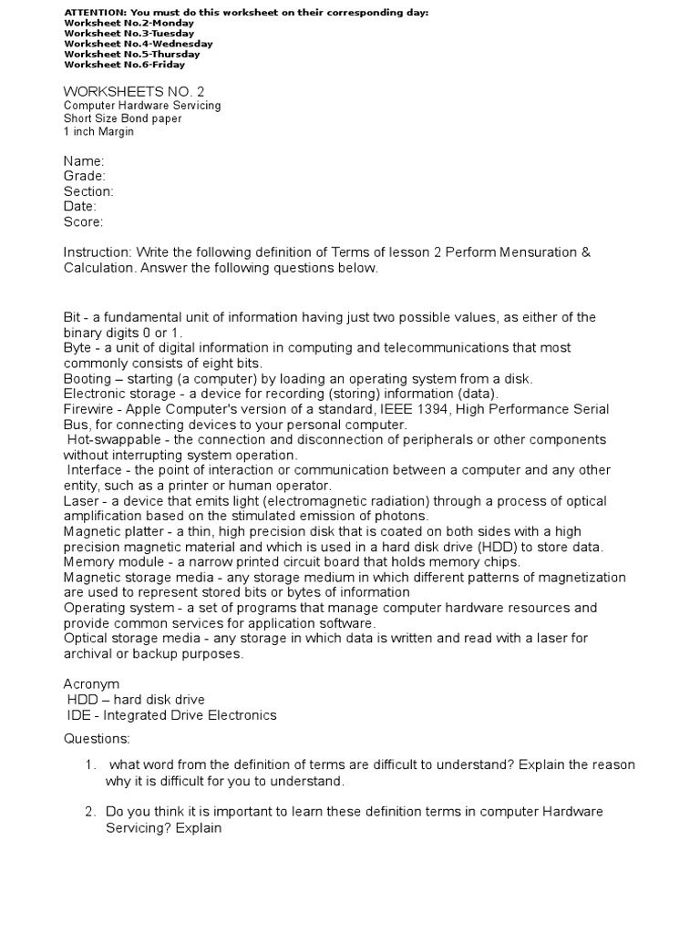 Grade 7 Worksheet No 2-6 | PDF | Computer Data Storage | Disk Storage