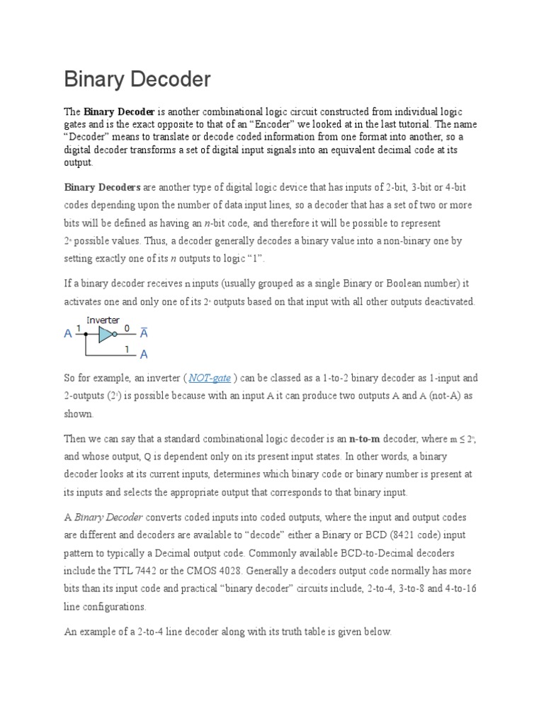 Binary Decoder Binary Decoders Are Another Type Of Digital Logic Device That Has Inputs Of 2