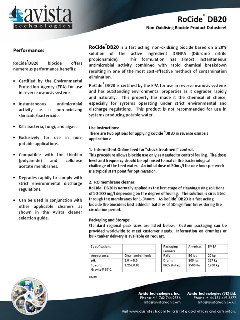 RoCide DB20 DATASHEET | PDF | Environmental Technology | Chemistry
