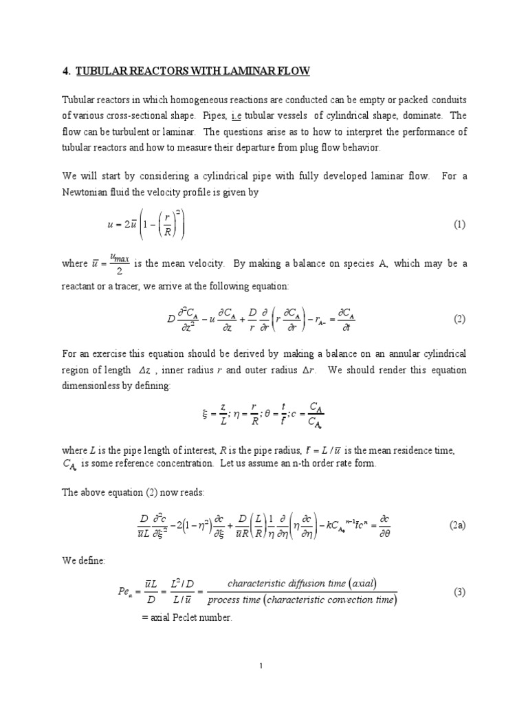 5.1 - Tubular Reactors With Laminar Flow | PDF | Diffusion | Fluid Dynamics