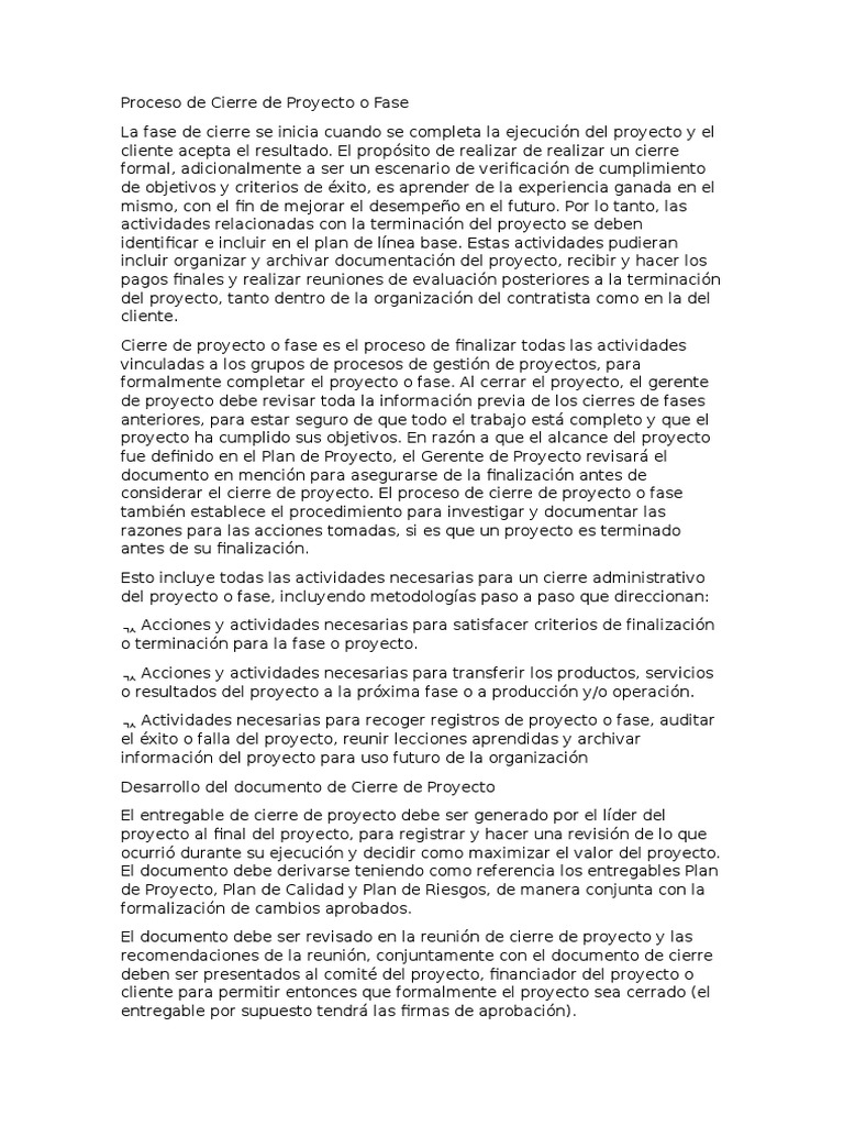 Proceso de Cierre de Proyecto o Fase | PDF | Calidad (comercial ...