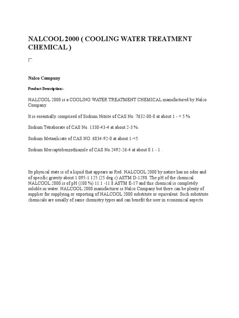 Nalcool 2000 (Cooling Water Treatment Chemical) : Nalco Company | PDF
