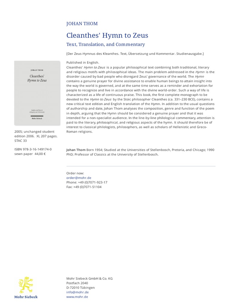 Cleanthes' Hymn To Zeus | PDF