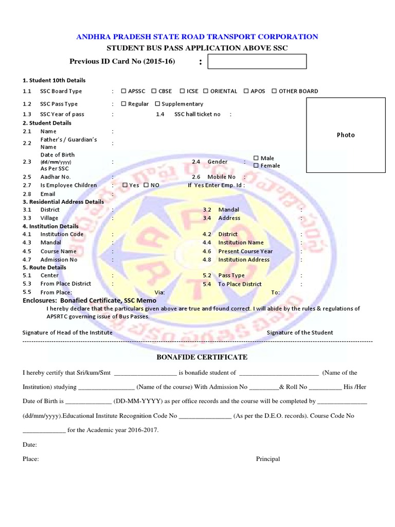 Student Bus Pass Application Above SSC Previous ID Card No (2015-16) | PDF