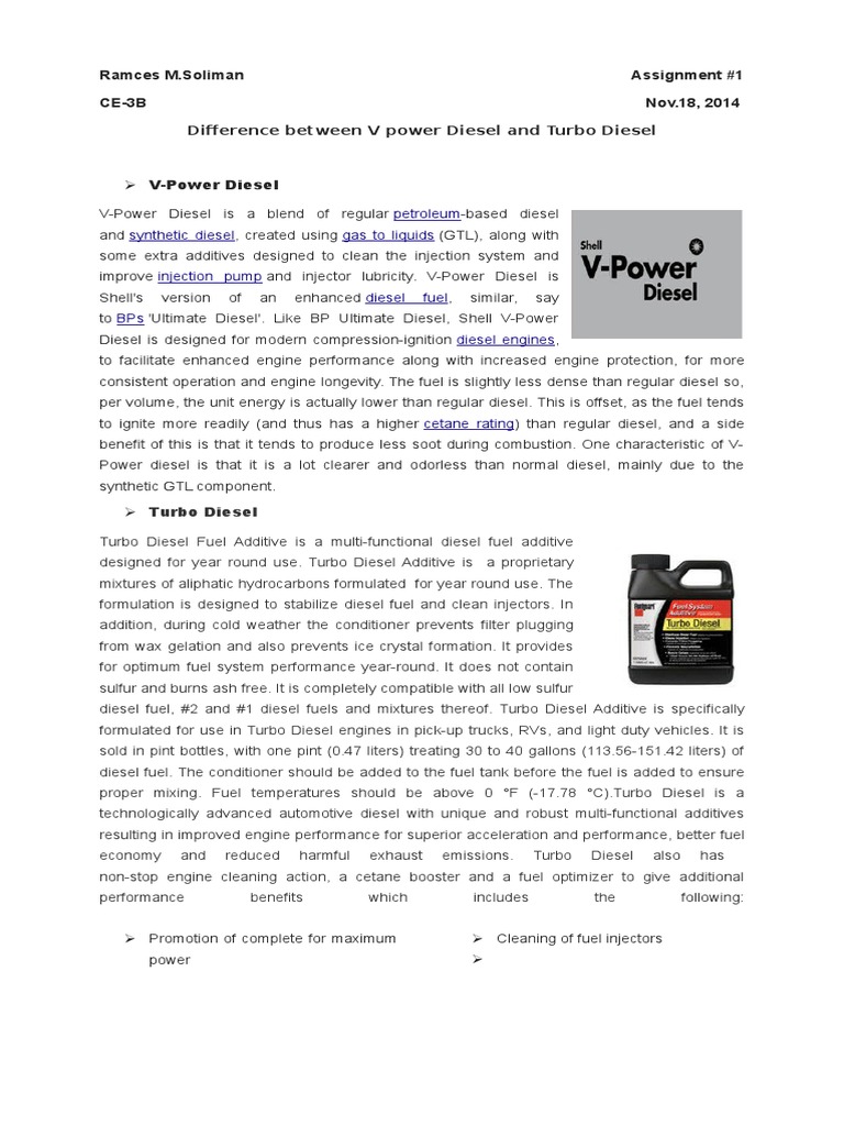 Comparison of V-Power Diesel, Turbo Diesel Fuel Additive, and ...