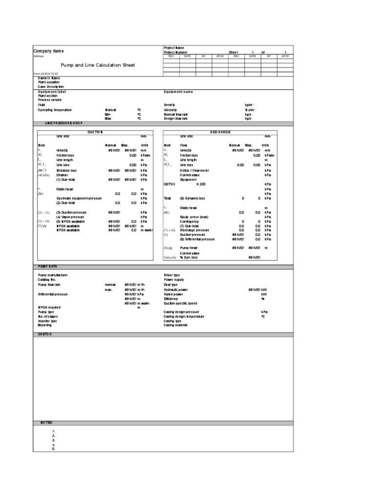 Pump and Line Calculation Sheet: Company Name | PDF