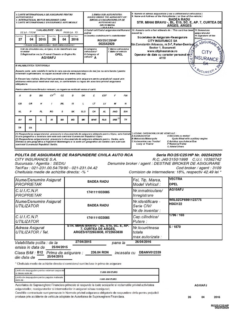 Polita de Asigurare de Raspundere Civila Auto Rca Seria RO/25/C25/HP Nr. 002542929 | PDF