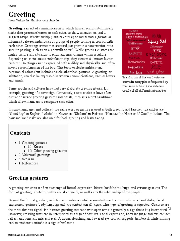 Greeting: From Wikipedia, The Free Encyclopedia | PDF | Cultural ...