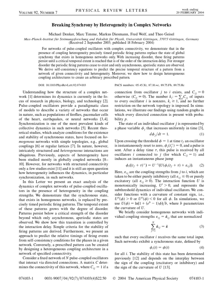 Breaking Synchrony by Heterogeneity in Complex Networks | PDF | Synchronization | Dynamical System