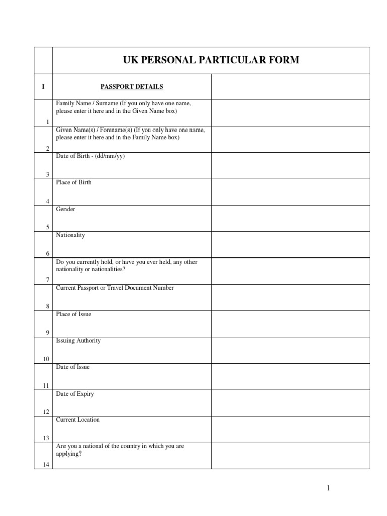 Uk Personal Particular Form: I Passport Details | Download Free PDF ...