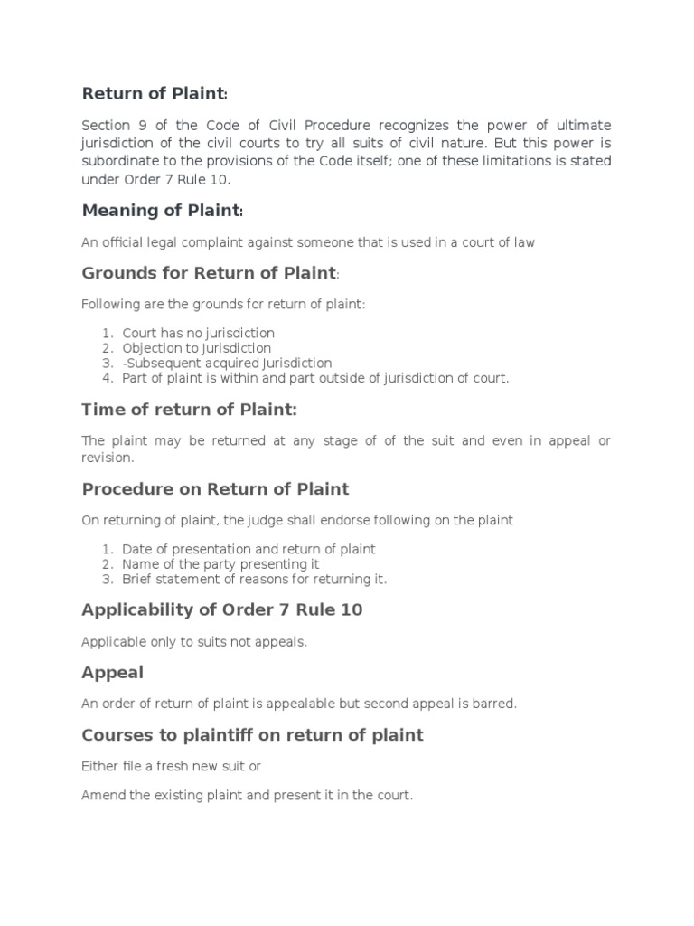 Return of Plaint Procedure and Grounds Explained | PDF | Decree | Lawsuit
