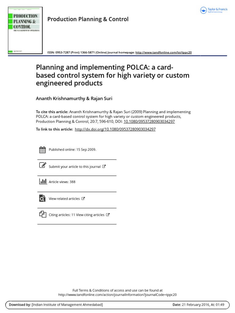 Planning and Implementing POLCA A Card Based Control System For High ...