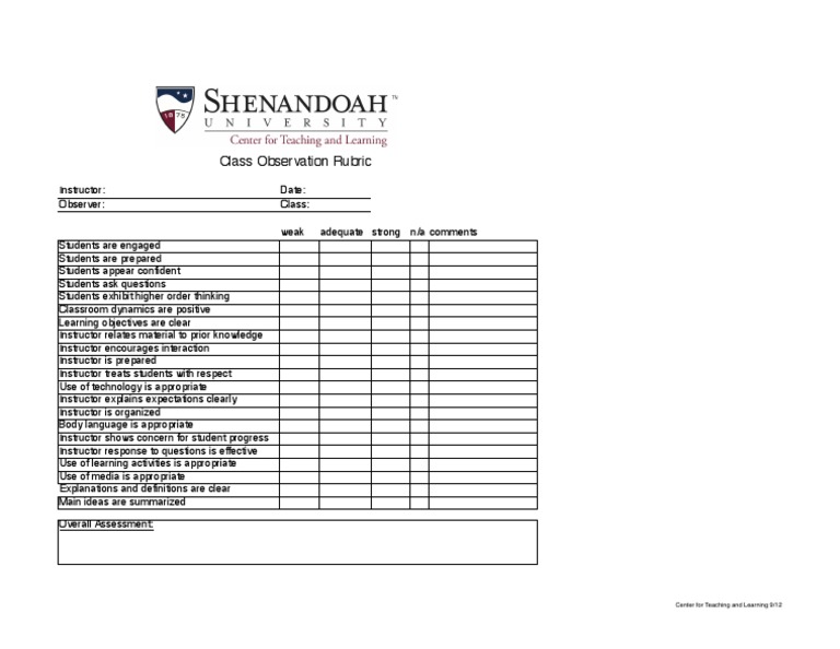 Class Observation Rubric: Center For Teaching and Learning 9/12 | PDF ...
