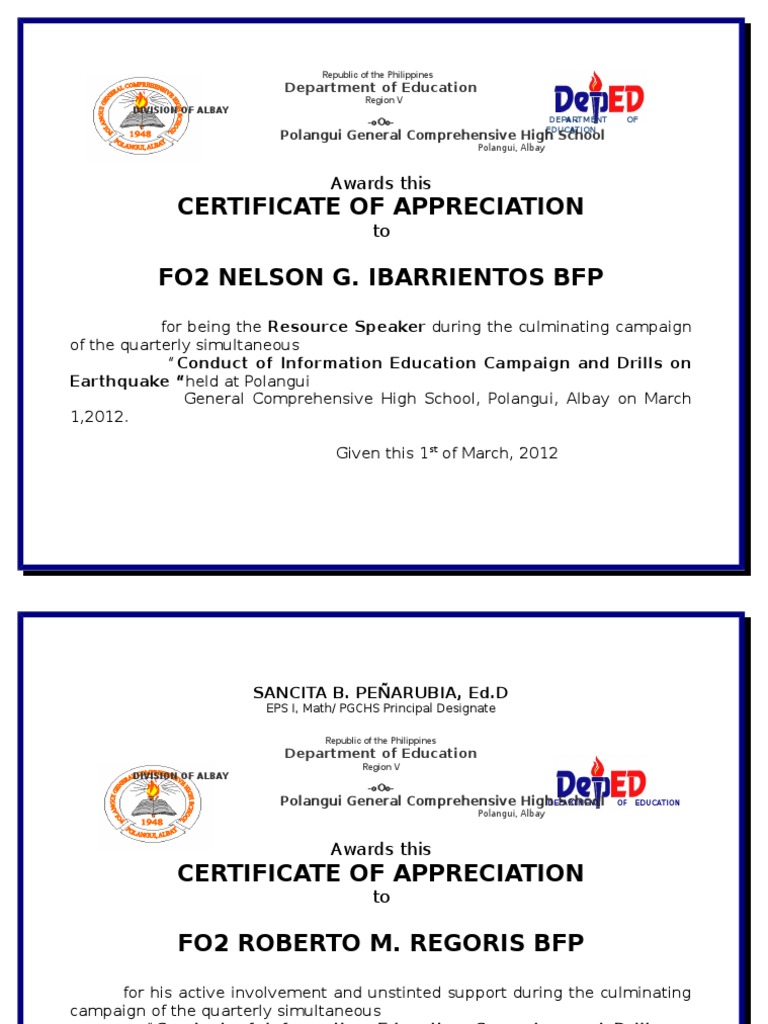 Certificate of Appreciation-earthquake