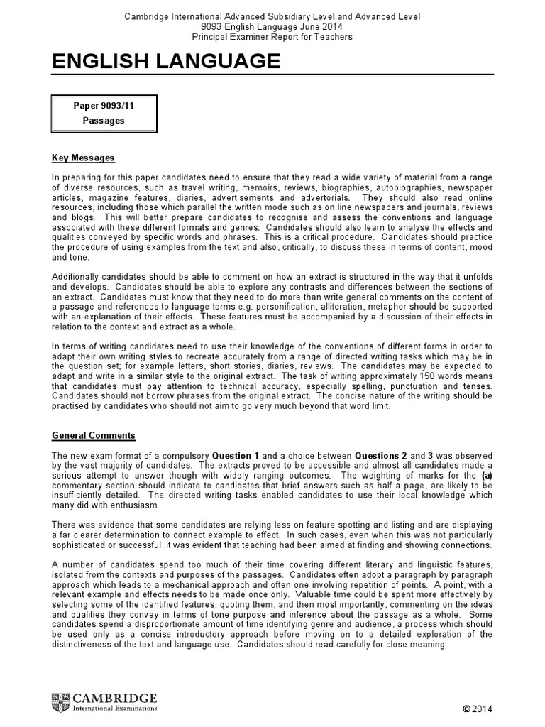 English Language: Paper 9093/11 Passages | PDF | Punctuation | Essays