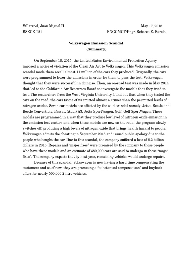 Volkswagen Emission Scandal (Summary) | PDF