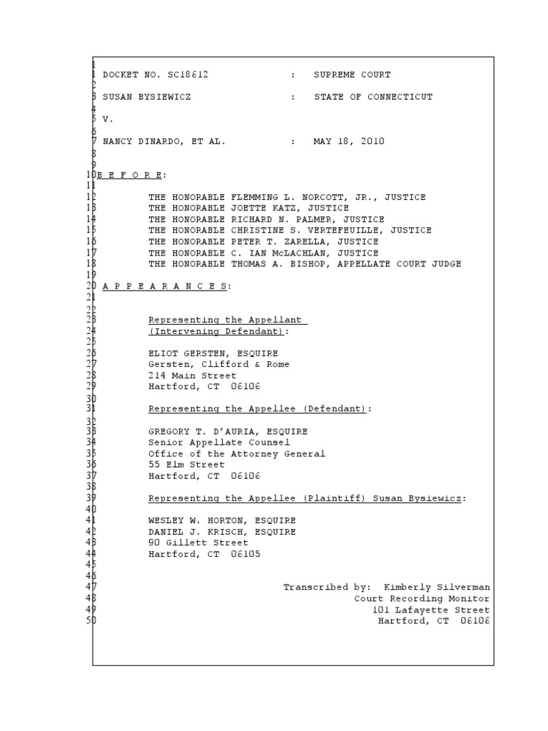 Transcript of Connecticut Supreme Court Hearing in Bysiewicz v. Dinardo ...