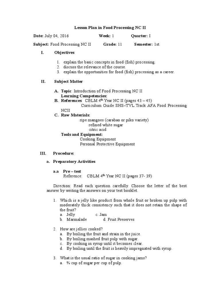Lesson Plan for Introducing Food Processing NC II Through the ...