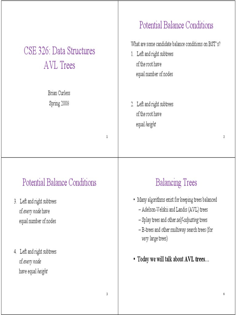 CSE 326: Data Structures AVL Trees: Potential Balance Conditions | PDF | Areas Of Computer ...