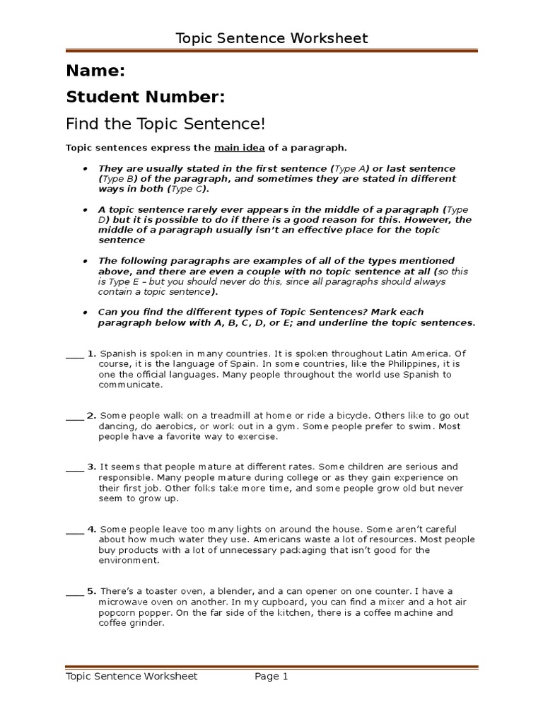 Eslprintables2016 Find The Topic Sentence! Writing Goood | PDF ...