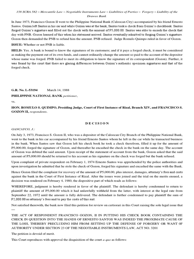 Nego Cases On Forgery | PDF | Negotiable Instrument | Cheque