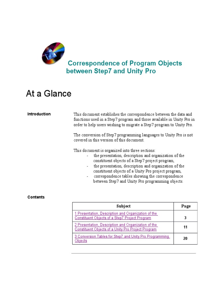 At A Glance: Correspondence of Program Objects Between Step7 and Unity ...