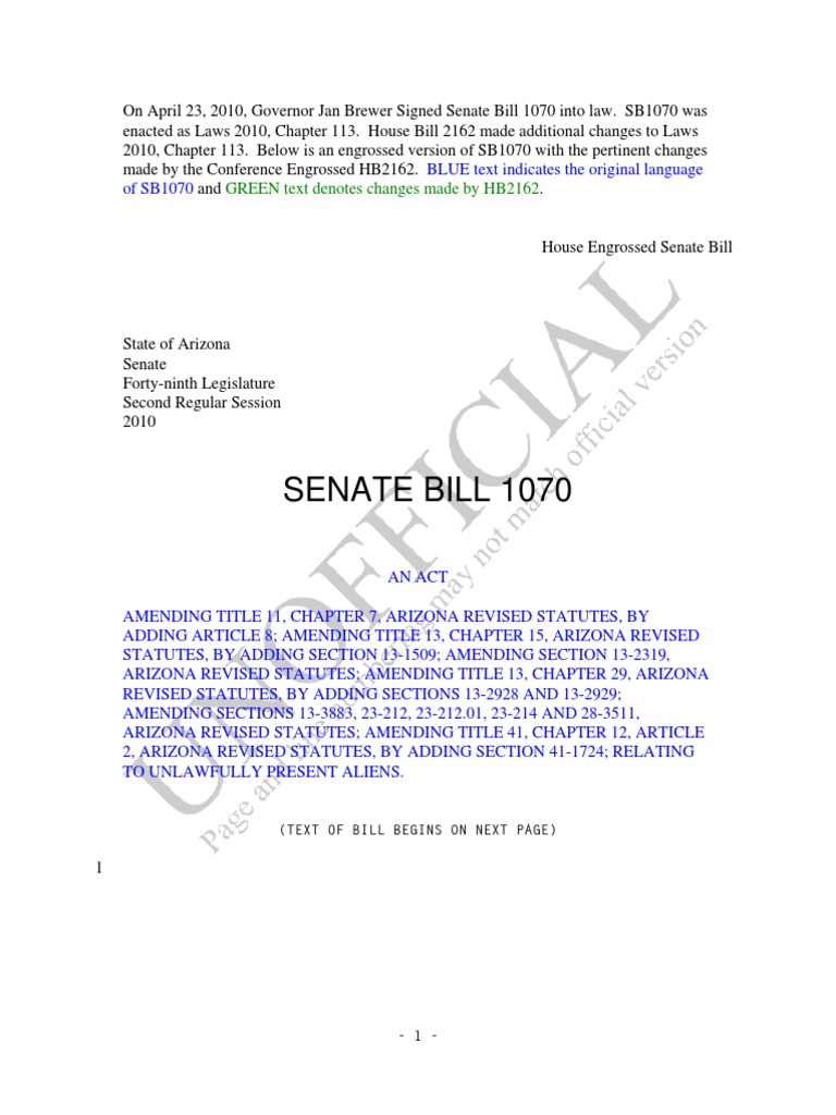 Senate Bill 1070: Green Text Denotes Changes Made by HB2162 | PDF ...