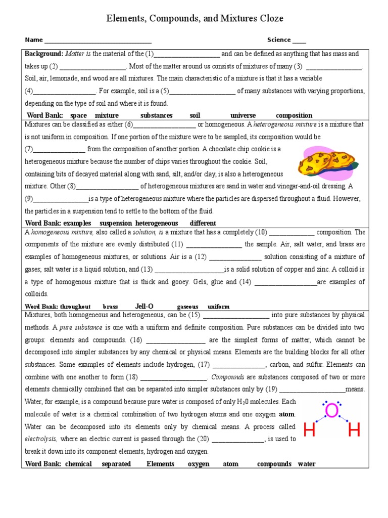 Elements, Compounds, and Mixtures Cloze | PDF | Mixture | Chemical ...
