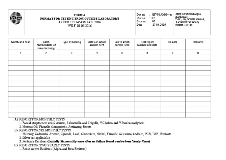 Form 4 Format For Testing From Outside Laboratory | PDF